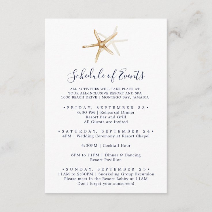 Modern Nautical Starfish Schedule of Events Enclosure Card | Zazzle