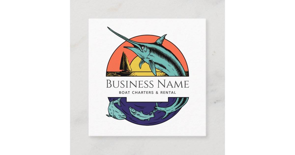 Modern Nautical Swordfish Sun Illustration Fishing Square Business Card ...