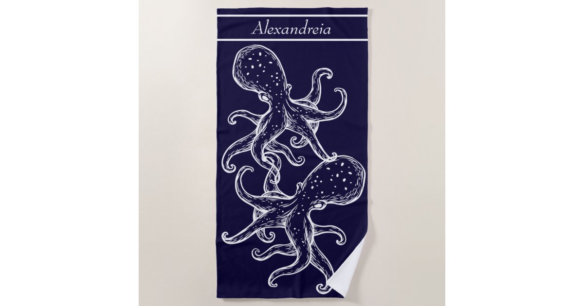 Modern Nautical White Octopus Navy Blue Beach Towel | Zazzle