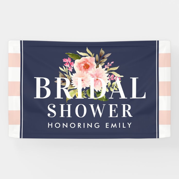 Modern Navy and Blush Pink Floral Bridal Shower Banner | Zazzle