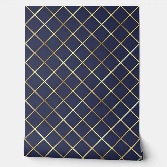 Modern Navy and Gold Diamond Grid Wallpaper | Zazzle