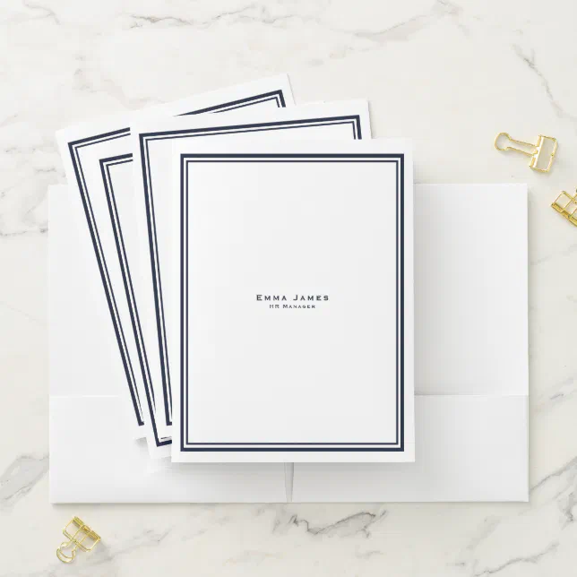 Modern Navy and White Double Borders Business Pocket Folder | Zazzle