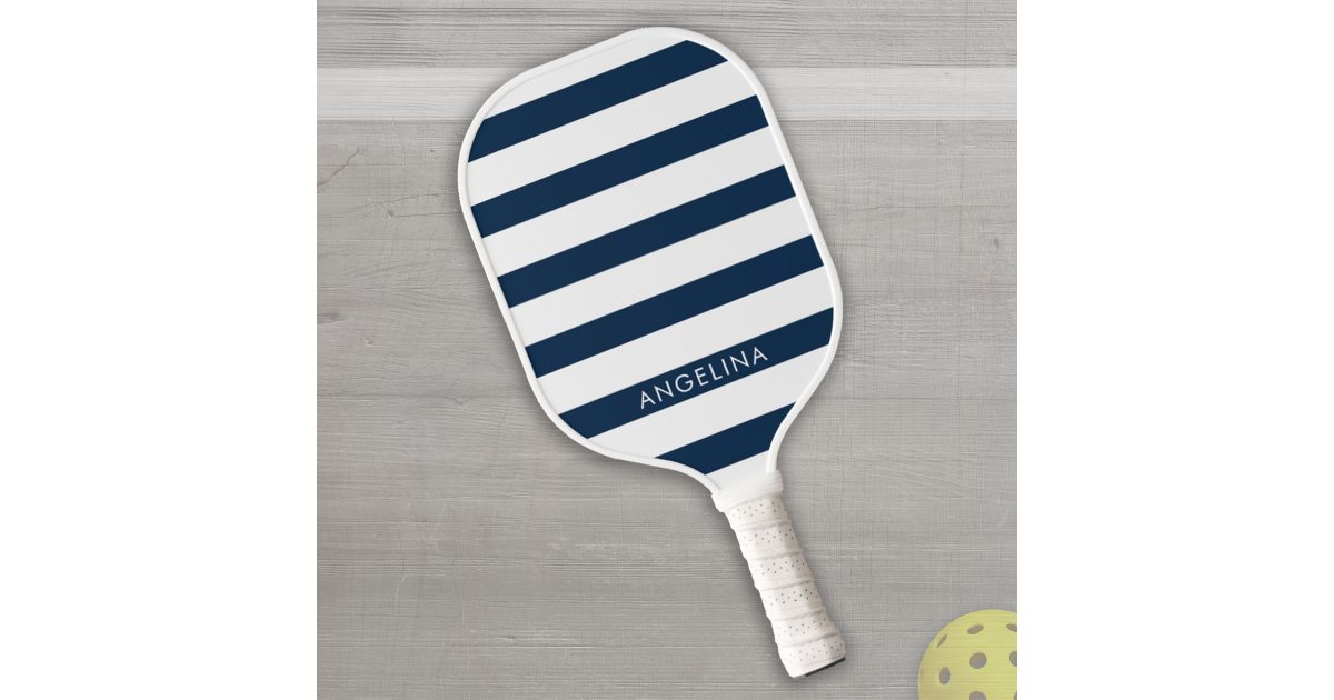 Modern Navy and White Striped Pattern Custom Name Pickleball Paddle ...