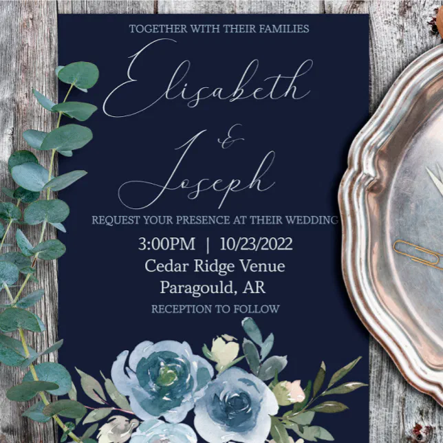 Modern Navy & Baby Blue Floral Classic Wedding Invitation | Zazzle