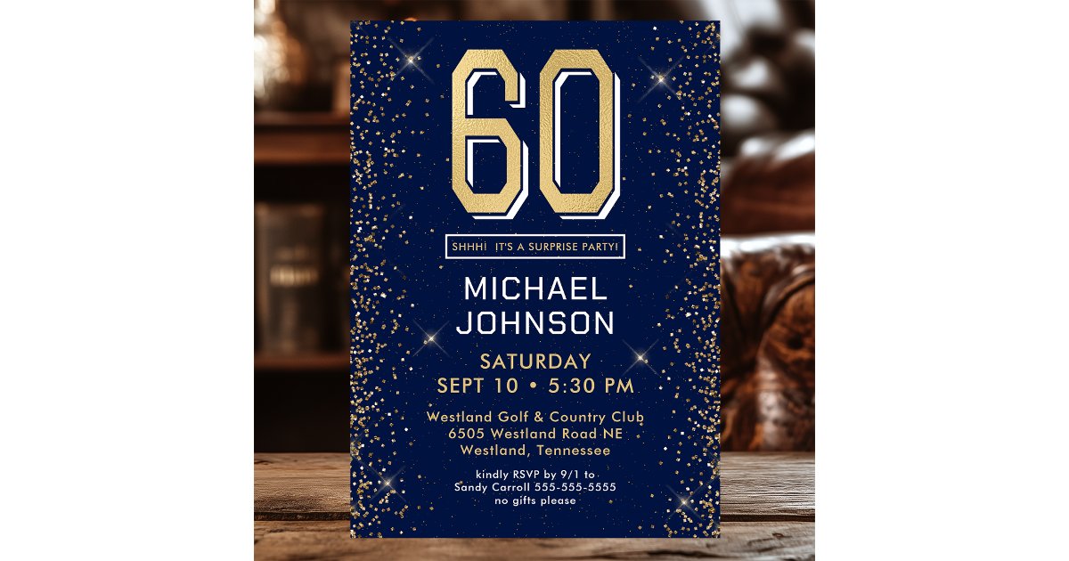 Modern Navy Blue 60th Birthday Surprise Party Invitation | Zazzle