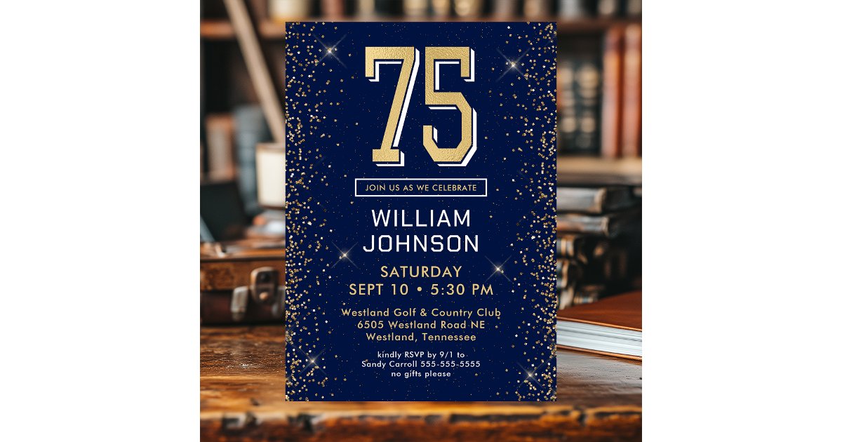 Modern Navy Blue 75th Birthday Photo Invitation | Zazzle
