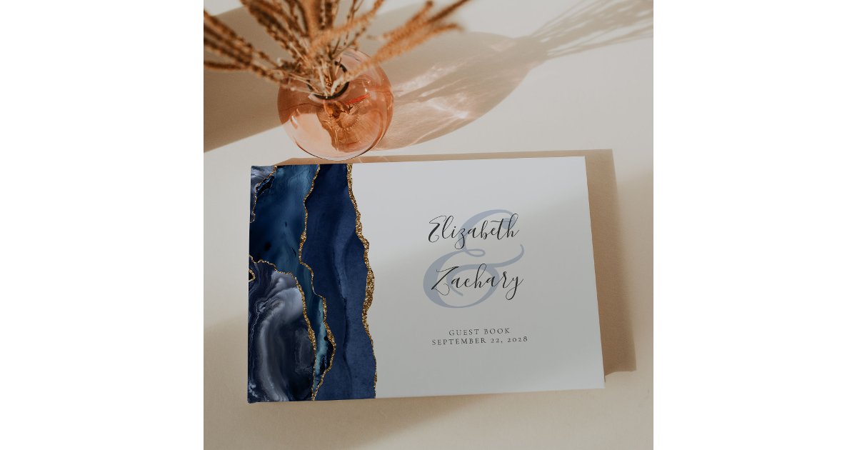 Modern Navy Blue Agate Gold Script Guest Book | Zazzle