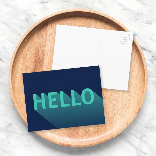 Modern Navy Blue and Aqua Teal Hello Typography Postcard | Zazzle