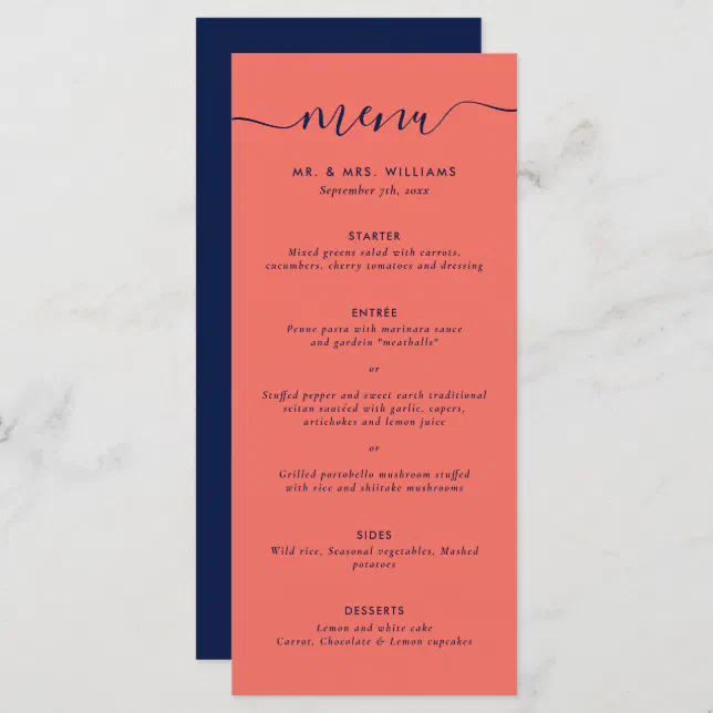 Modern Navy Blue and Coral Wedding Menu | Zazzle