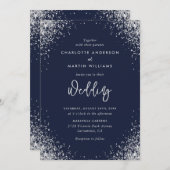 Modern Navy Blue and Silver Glitter Wedding Invitation | Zazzle