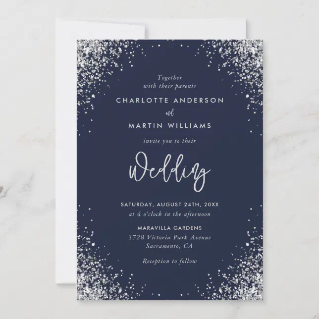 Modern Navy Blue and Silver Glitter Wedding Invitation | Zazzle