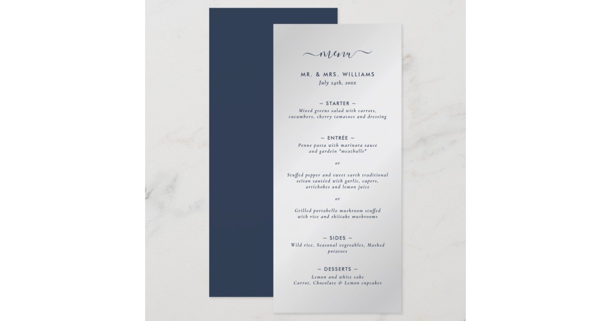 Modern Navy Blue and Silver Wedding Menu | Zazzle