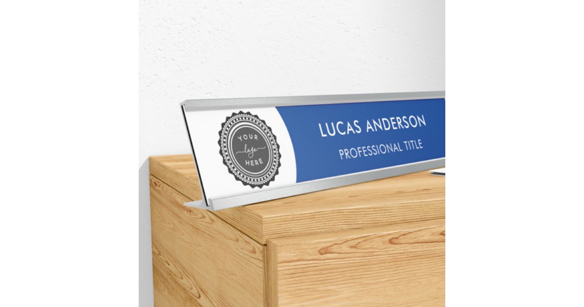 Modern Navy Blue and White - Add Logo, Name, Title Desk Name Plate | Zazzle