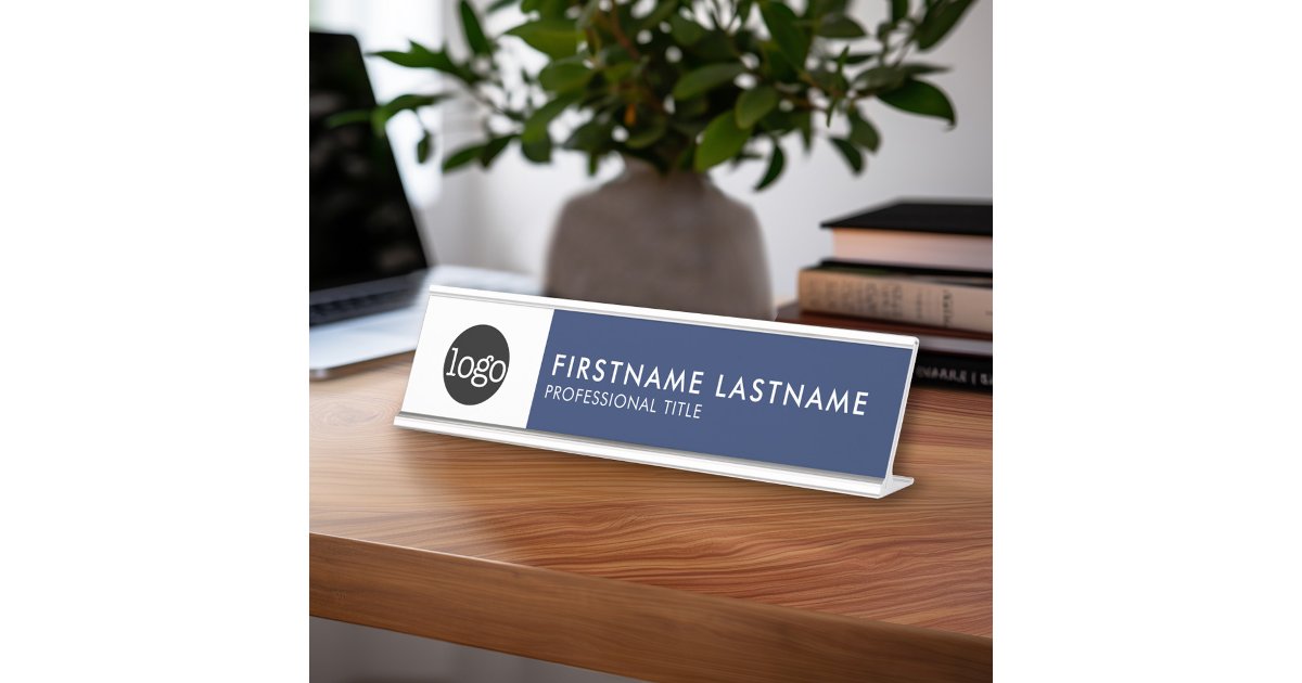 Modern Navy Blue and White - Add Logo, Name, Title Desk Name Plate | Zazzle
