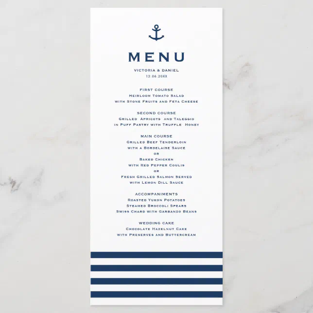 Modern Navy Blue and White Anchor Nautical Wedding Menu | Zazzle