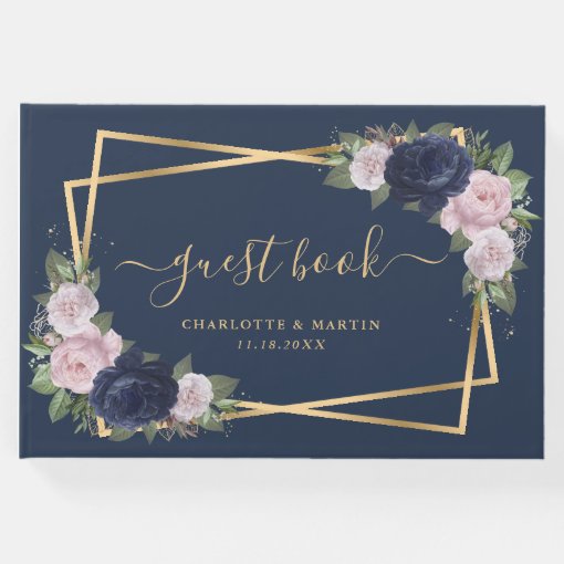 Modern Navy Blue Blush Gold Geometric Wedding Guest Book | Zazzle