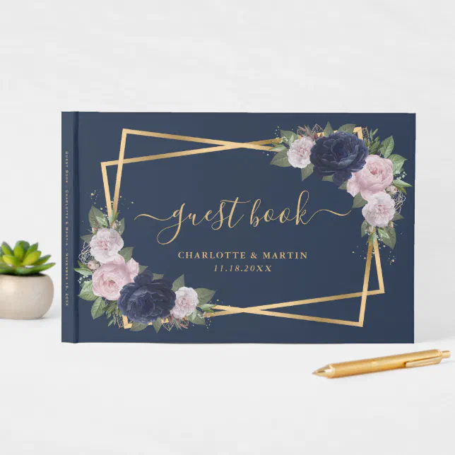 Modern Navy Blue Blush Gold Geometric Wedding Guest Book | Zazzle