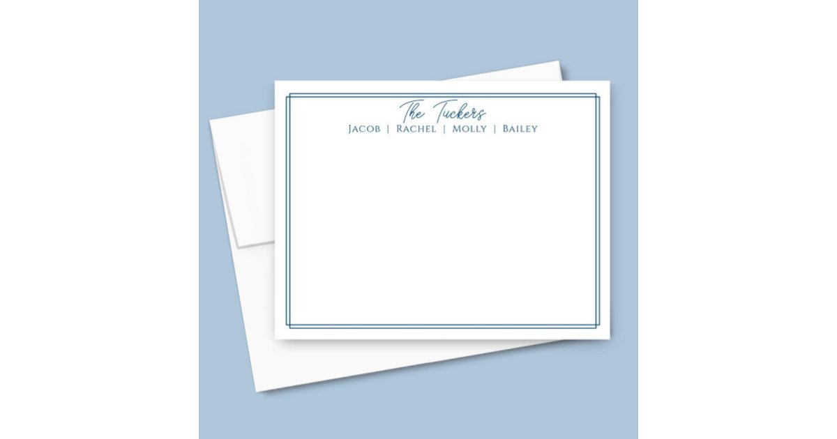 Modern Navy Blue Border Family Name Stationery Note Card | Zazzle