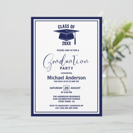 Modern Navy Blue Border Graduation Party Invitation | Zazzle