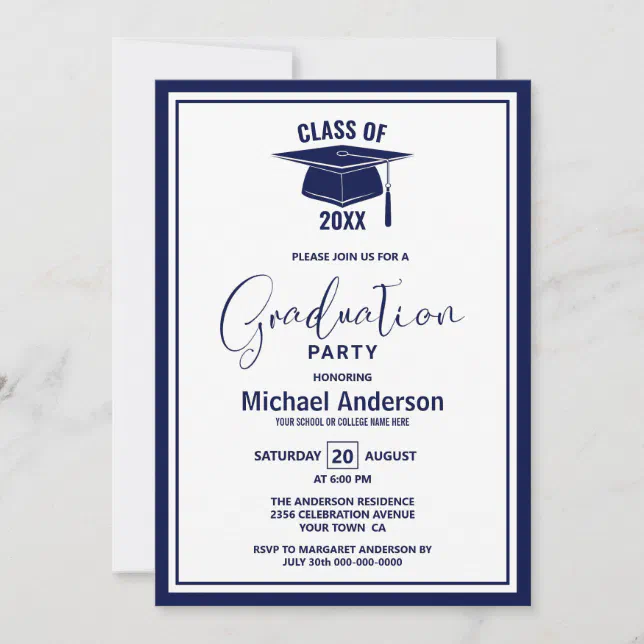 Modern Navy Blue Border Graduation Party Invitation | Zazzle