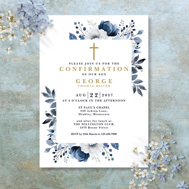 Modern Navy Blue Botanical Floral Confirmation Invitation | Zazzle