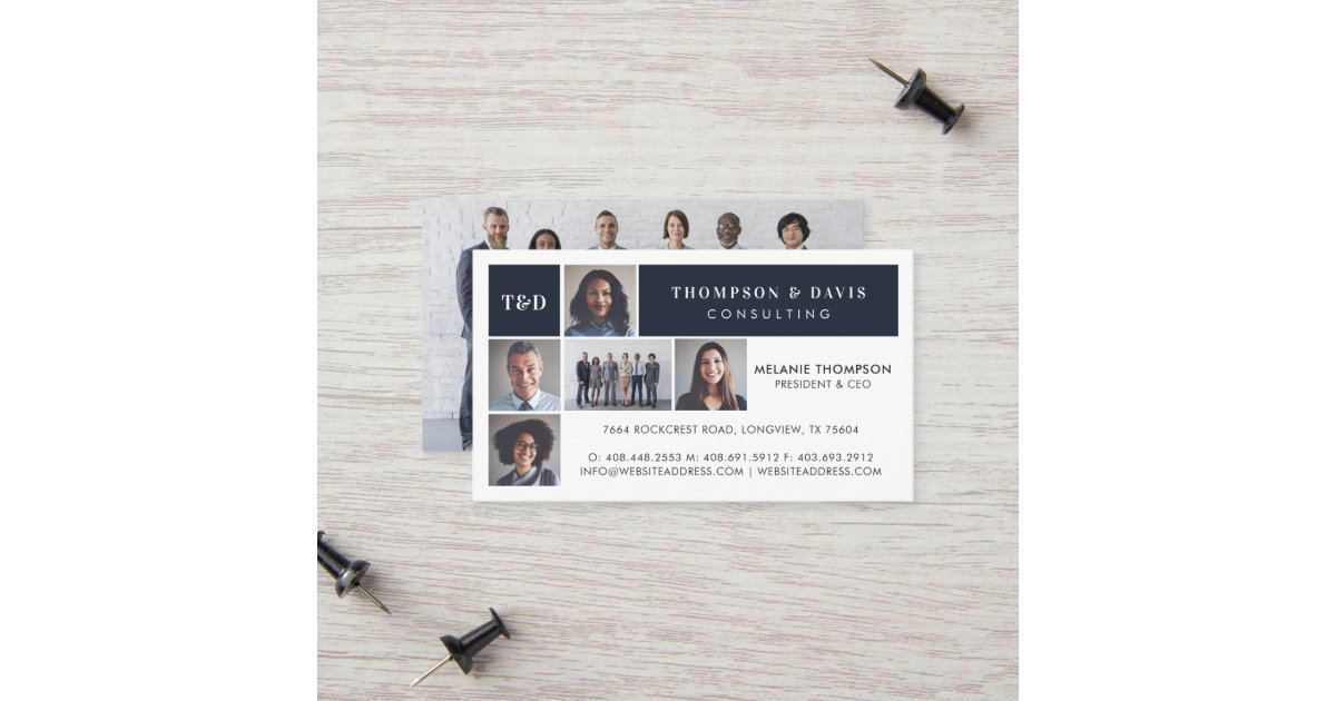 Modern Navy Blue Business Team Photos Collage Grid Calling Card | Zazzle