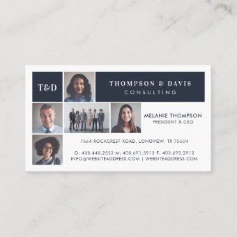 Modern Navy Blue Business Team Photos Collage Grid Calling Card | Zazzle