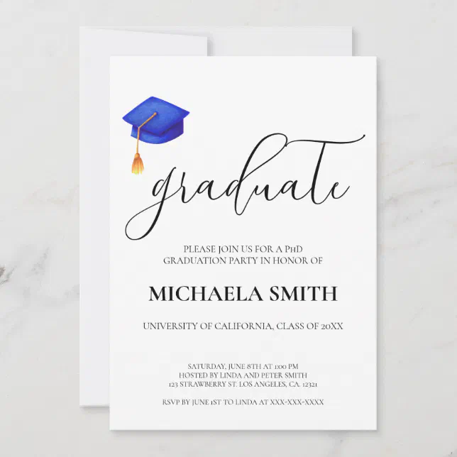 Modern Navy Blue Cap PhD Graduation Party Invitation | Zazzle