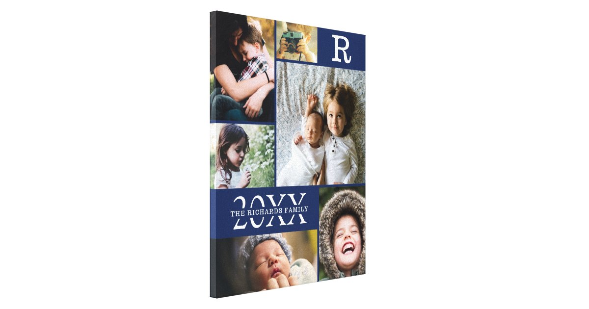 Modern Navy Blue Color Block Family Photo Collage Canvas Print | Zazzle