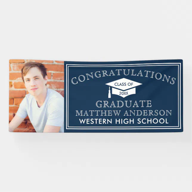 Modern Navy Blue Congrats Graduation Photo Banner | Zazzle