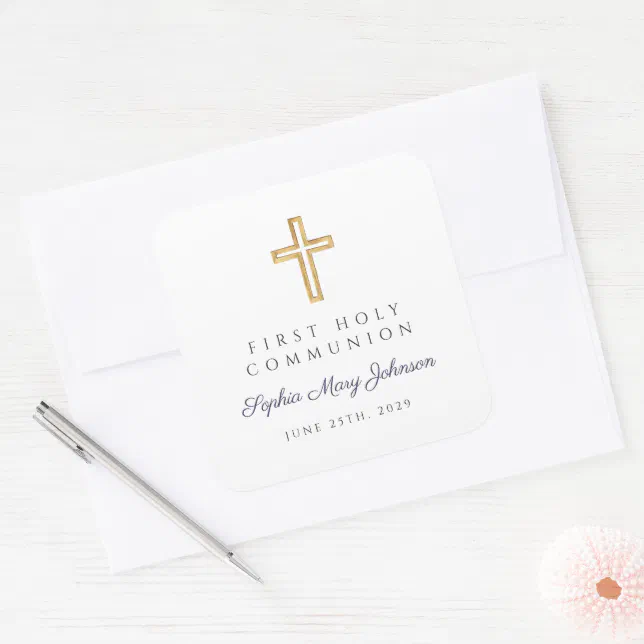 Modern Navy Blue Cross First Communion Square Sticker | Zazzle