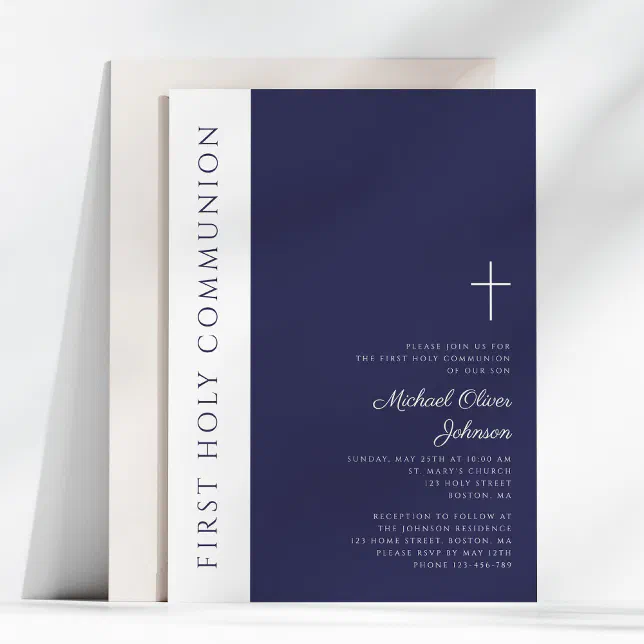 Modern Navy Blue Cross First Holy Communion Invitation | Zazzle