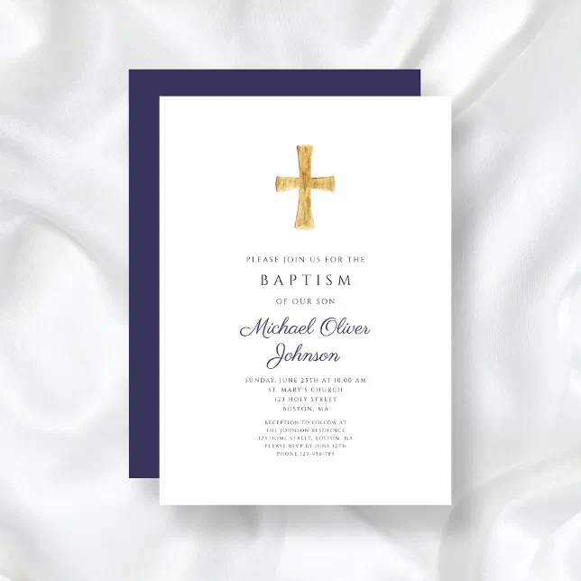 Modern Navy Blue Cross Religious Boy Baptism Invitation | Zazzle