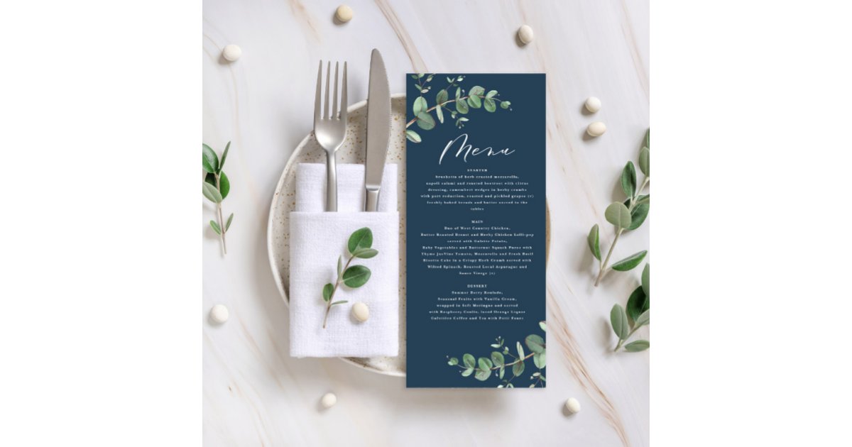 Modern navy blue eucalyptus elegant wedding menu | Zazzle