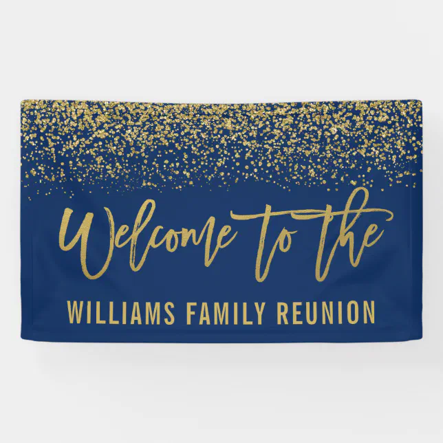 Modern Navy Blue Faux Gold Glitter Reunion Banner | Zazzle