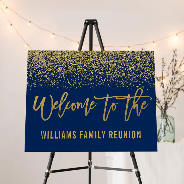 Modern Navy Blue Faux Gold Glitter Reunion Welcome Foam Board | Zazzle