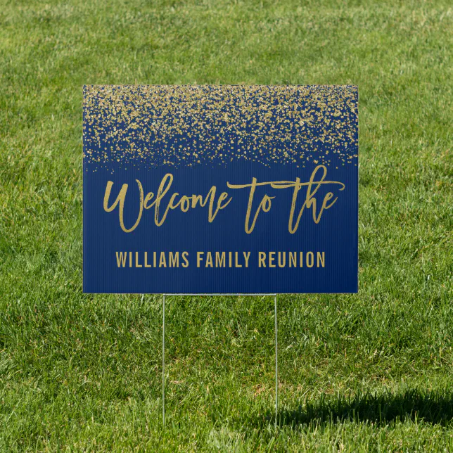 Modern Navy Blue Faux Gold Glitter Reunion Welcome Sign | Zazzle