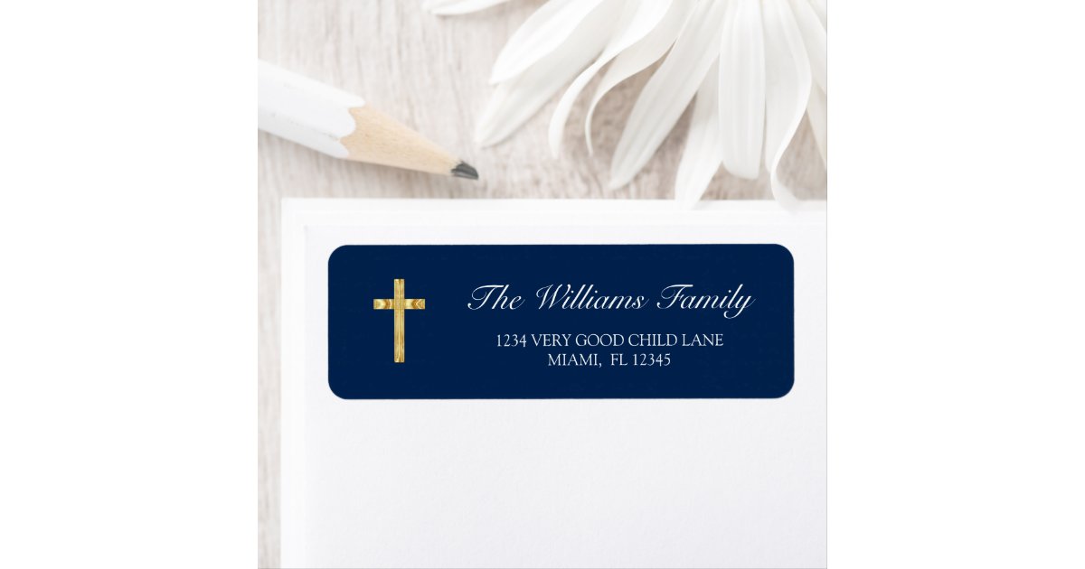 Modern Navy Blue First Holy Communion Gold Cross Label | Zazzle