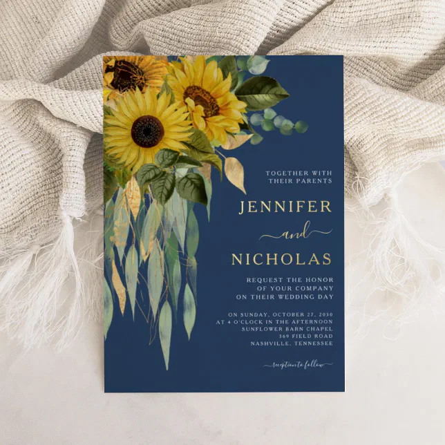 Modern Navy Blue Floral Sunflower Wedding Gold Foil Invitation | Zazzle