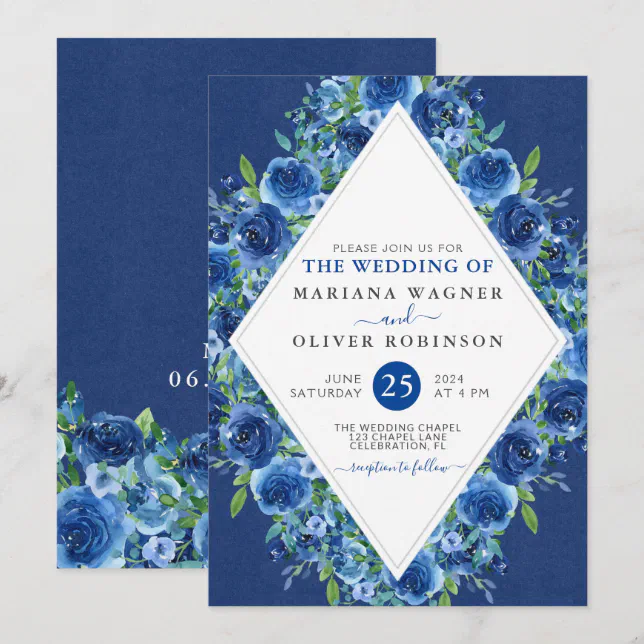 Modern Navy Blue Floral Wedding Invitation | Zazzle