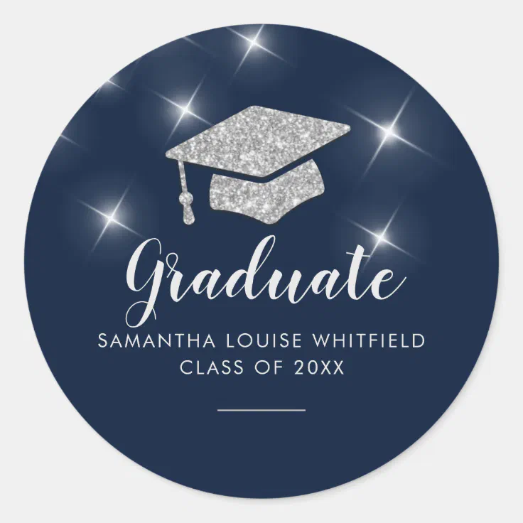 Modern Navy Blue Glitter Silver Cap Graduation Classic Round Sticker ...
