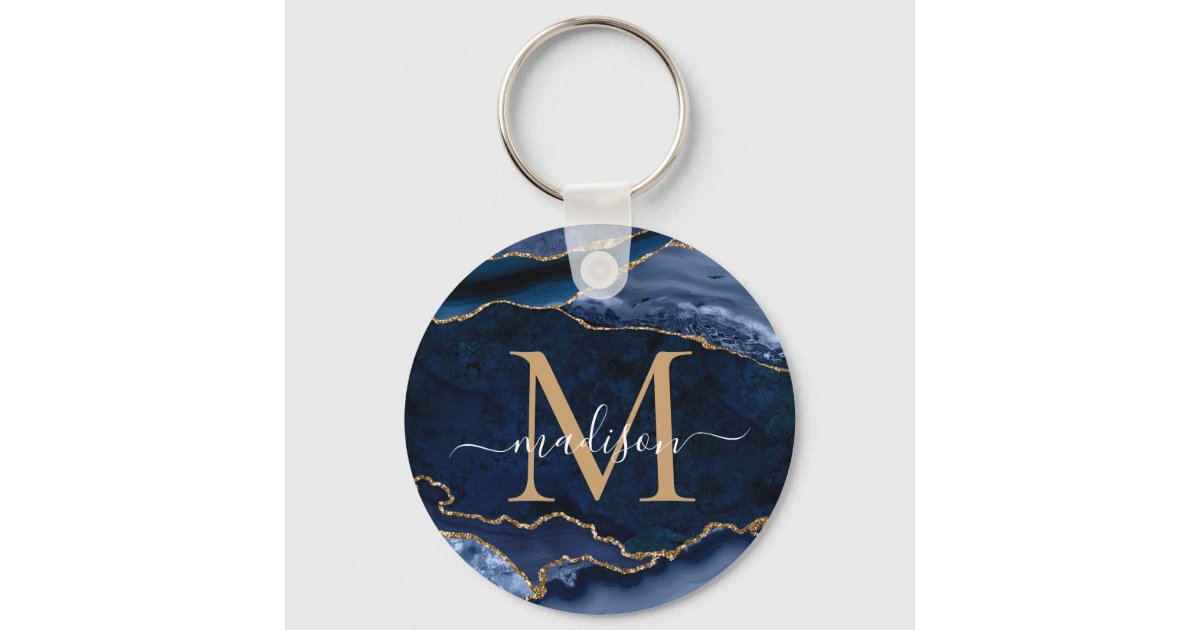 Modern Navy Blue Gold Agate Geode Girly Monogram Keychain | Zazzle