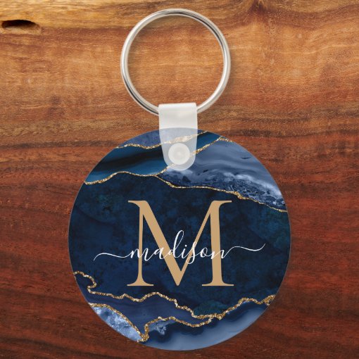 Modern Navy Blue Gold Agate Geode Girly Monogram Keychain | Zazzle