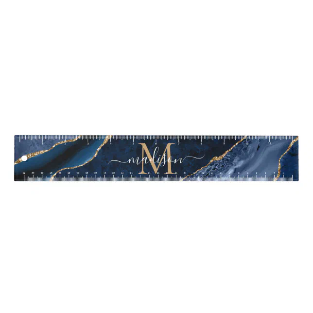 Modern Navy Blue Gold Agate Geode Girly Monogram Ruler | Zazzle