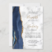 Modern Navy Blue Gold Agate Marble Wedding Invitation | Zazzle