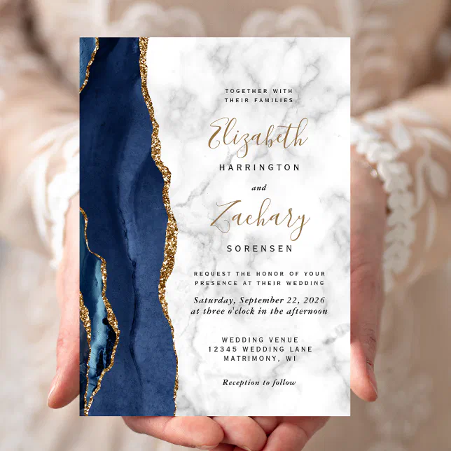 Modern Navy Blue Gold Agate Marble Wedding Invitation | Zazzle