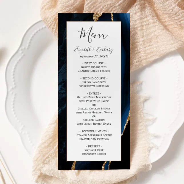 Modern Navy Blue Gold Agate Wedding Menu | Zazzle