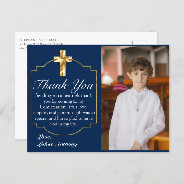 Modern Navy Blue Gold Cross Confirmation Thank You Postcard | Zazzle