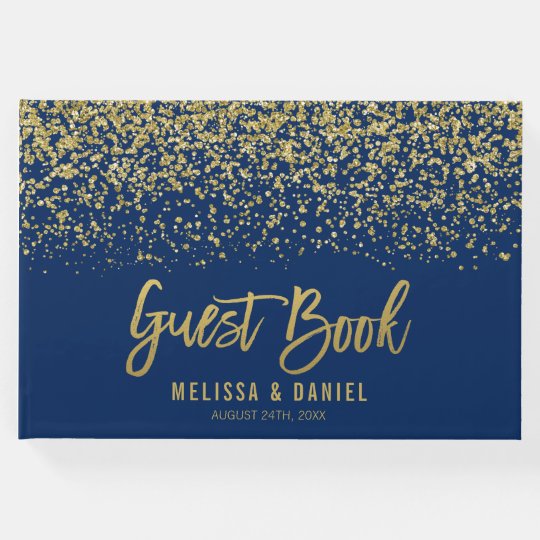 Modern Navy Blue Gold Faux Glitter Wedding Guest Book | Zazzle.com