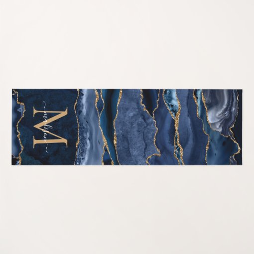 Modern Navy Blue Gold Glitter Agate Geode Monogram Yoga Mat | Zazzle